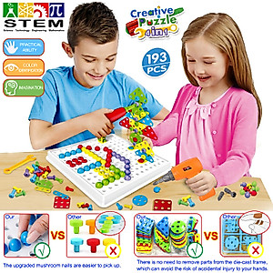 Haifeng Creative Mosaic Drill Set for Kids, STEM Toys for 3+ Year Old, Electric Drill Toy with DIY Screwdriver Tool,3D Construction Toys for Boy & Girl, Building Blocks for Toddler Preschool