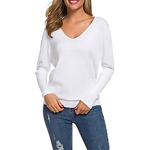 Women's Long Sleeve V Neck Sweater, Soft Pullover Knit Tops, X01 V Neck White, Small