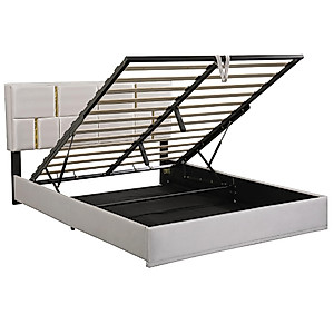 Anwickhomk Lift Up Storage Bed Queen Size Modern Upholstered Platform Bed with Headboard Wood Bed Frame with Hydraulic Storage System,Noiseless No Box Spring Needed, Easy Assembly (White)