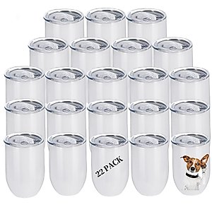 YOUKE OLA 22 Pack Sublimation Wine Tumblers Straight Blanks Stainless Steel Insulated Mug for Full Wrap Heat Transfer with Spill-Proof Sliding Lid for Coffee Cocktails Drinks 12oz