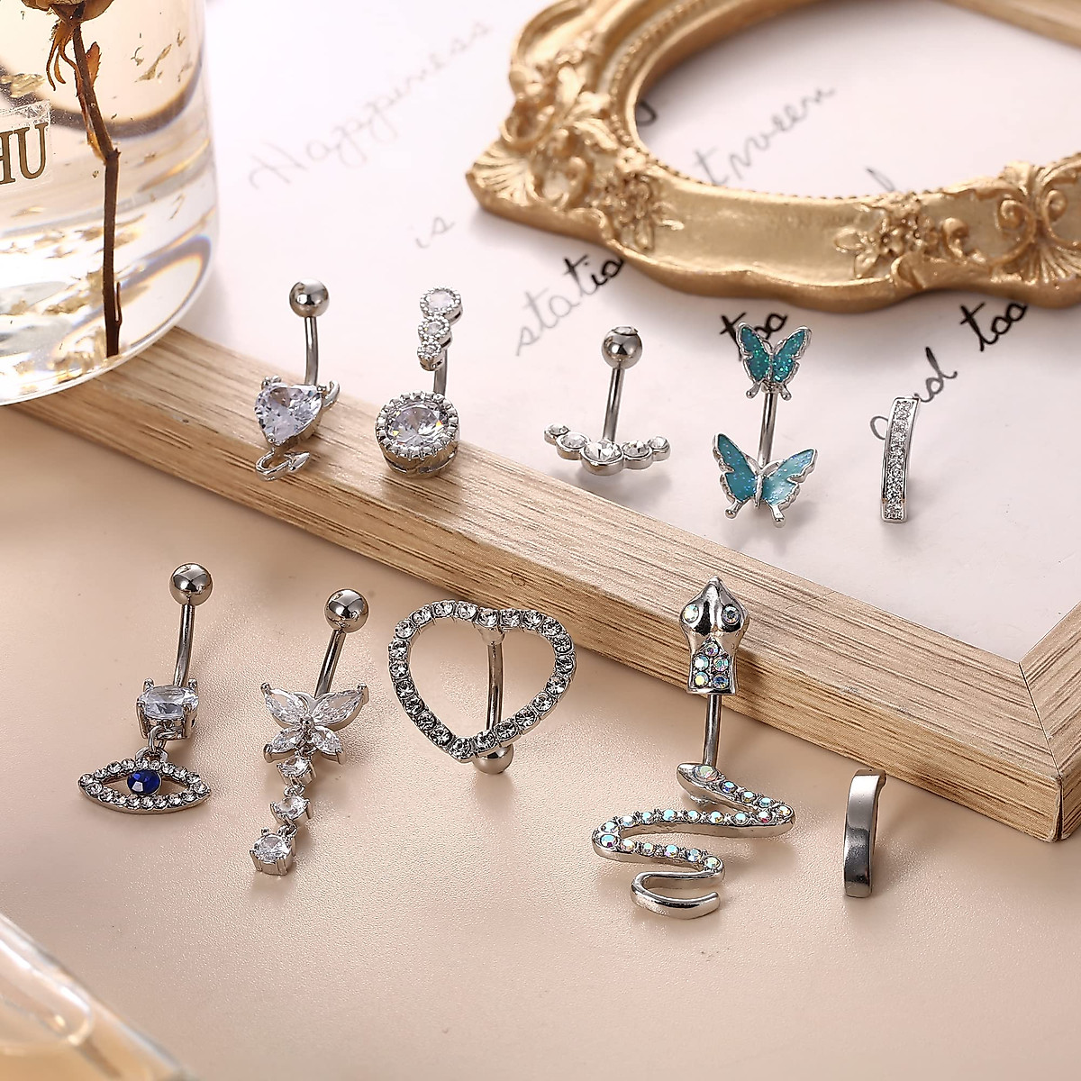 FIASASO 10Pcs Belly Button Ring 14G Dangle Cute Gold Plated Snake Evil Eye Heart Clear CZ Butterfly Clicker Belly Button Rings for Women Belly Piercing Pack silver