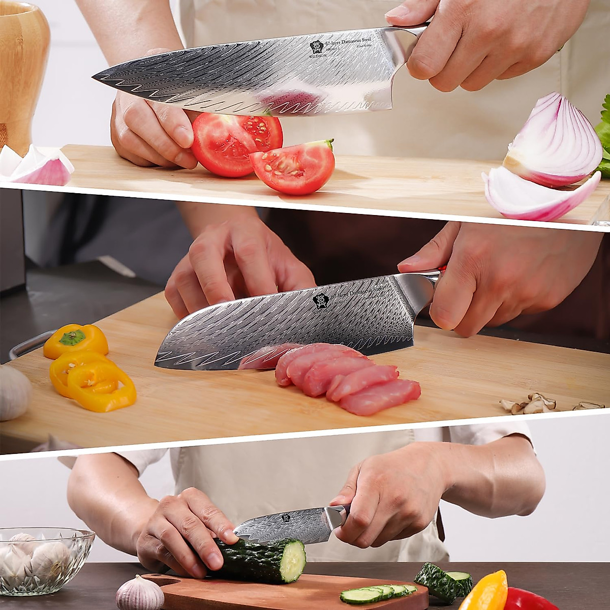 WILDMOK Damascus Kitchen Knife Sets 3 PCS, Razor Sharp Kitchen Knives Made of Japanese Damascus Steel, Well-Balanced Damascus Chef Knife set with Premium Resin Full Tang Handle Triple Rivet Gift Box