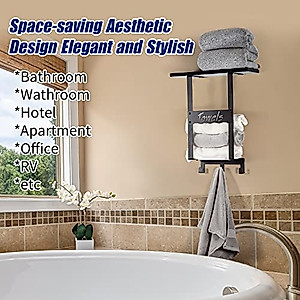 Lzziib Metal Towel Holder for Bathroom Wall with 3 Hooks and Wooden Shelf - Matte Black Towel Racks for Bathroom, Bathroom Shelf with Towel Hooks - Towel Storage for Bathroom Wall Decor