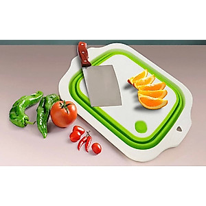 New collapsible folding colander with chopping board, vegetable washing basket silicone dish tub for BBQ Prep/Picnic/camping (grey)