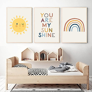 You Are My Sunshine Wall Art 3 Piece Boho Nursery Wall Art Rainbow Art Wall Decor Nursery Art Prints for Kids Room Nursery Pictures for Baby Girls Room Decor 12x16 Inch Unframed