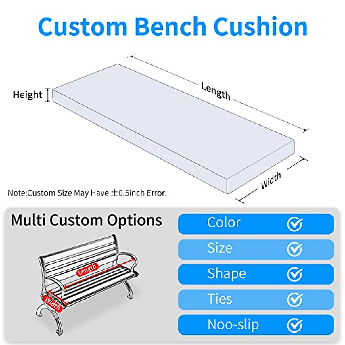 Millsilo Custom Size Bench Cushion for Indoor Outdoor Furniture, Non-Slip Window Seat Cushions, Piano Dining Cushion for Bench, Long Storage Bench Cushion, Washable Cover, 70D High Density Sponge