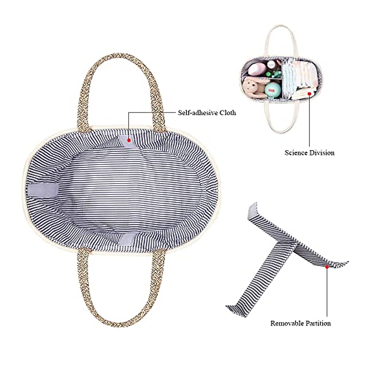 YEONHWA Baby Diaper Caddy Organizer, Woven Rope Cotton Nursery Storage Basket, Portable Handle With Large Changing Compartment Bins, Cream Beige