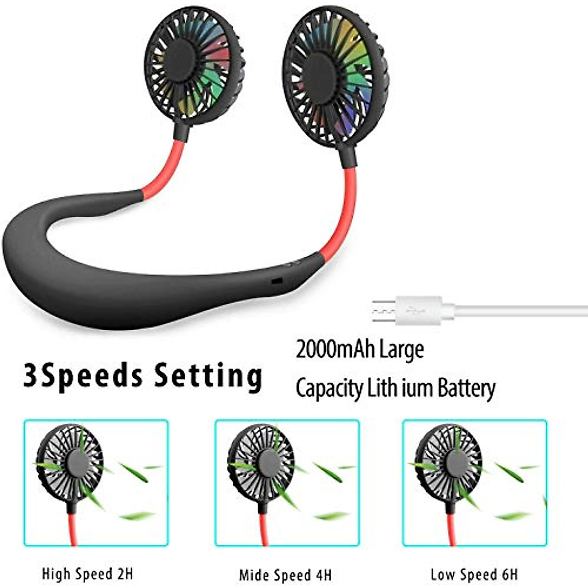 Portable Neck Fan - USB Rechargeable Fan with 3 Speeds Adjustable, Neck Fans Portable Rechargable Prime with LED Lights - Black