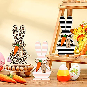 3 Pcs Easter Decor for Tiered Tray Easter Bunny Decor Wooden Bunny Table Signs Farmhouse Bunny with Carrot Tabletop Decoration Easter Party Desk Home Decorations (Classic Style)