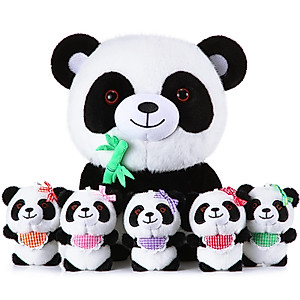HyDren 6 Pcs Panda Stuffed Animals Cute Bamboo Panda Plush Set 12 Inch Soft Stuffed Panda Mama with 5 Lovely Babies Plushies for Boys Girls Birthday Gift Party Decorations