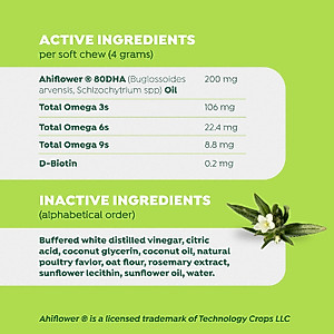 WagWell Ahiflower Omega Oil Dog Chews - Vet-Formulated Skin, Coat, Hip and Joint Chews for Dogs - Plant-Based Omega 3, 6 and 9 Supplement - Natural Chicken-Flavored Dog Omega Oil Bites, 60 Soft Chews