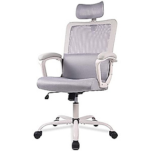 SMUG Ergonomic Mesh High Back Computer Adjustable Headrest,Lumbar Support, Tilt Function,Swivel Rolling, Soft PU Armrest Task Home Office Desk Chairs, Light Grey