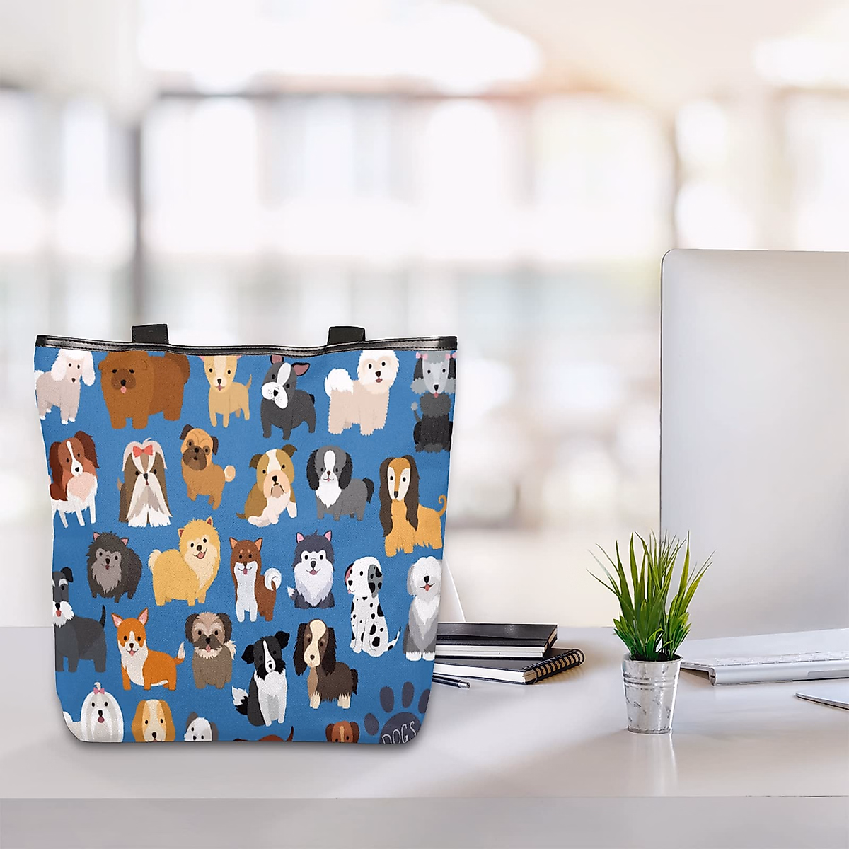 Cute Dog Pattern Canvas Tote Bag, Eco Friendly Reusable Grocery Shopping Bags Beach Bag Book Tote Handbags Washable Shoulder Bag With Zipper Inner Pocket for Women Girls