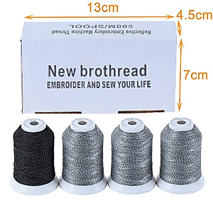 New brothread 4 Spools Reflective Embroidery Machine Thread (3 White +1 Black) 30WT 500M(550Y) Each Spool for Embroidery, Quilting and Sewing