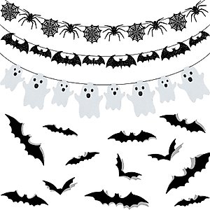 39 Pieces Halloween Decorations Black Glittery Bat Banner Spider Ghost Garland 3D Bat Wall Stickers Hanging Bat Banner for Halloween Party Haunted House Decoration Indoor Outdoor Mantel Supplies