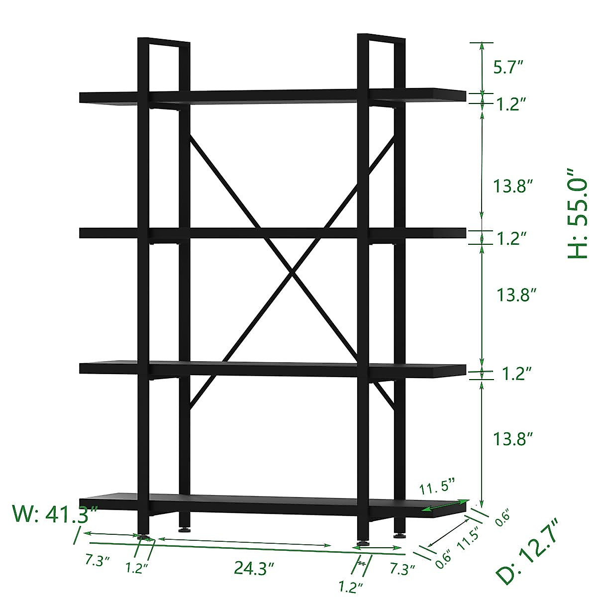HSH 4 Tier Black Bookshelf, Industrial Metal Wood Storage Book Shelves, Modern Open 4 Shelf Bookcase and Display Etagere, Vertical Book Shelf for Bedroom Living Room Office