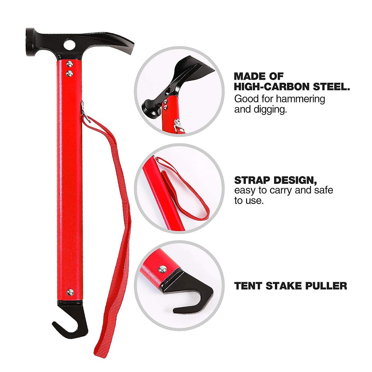 REDCAMP Aluminum Camping Hammer with Hook, 12" Lightweight Multi-Functional Tent Stake Hammer, Portable Camp Stake Mallet, Red
