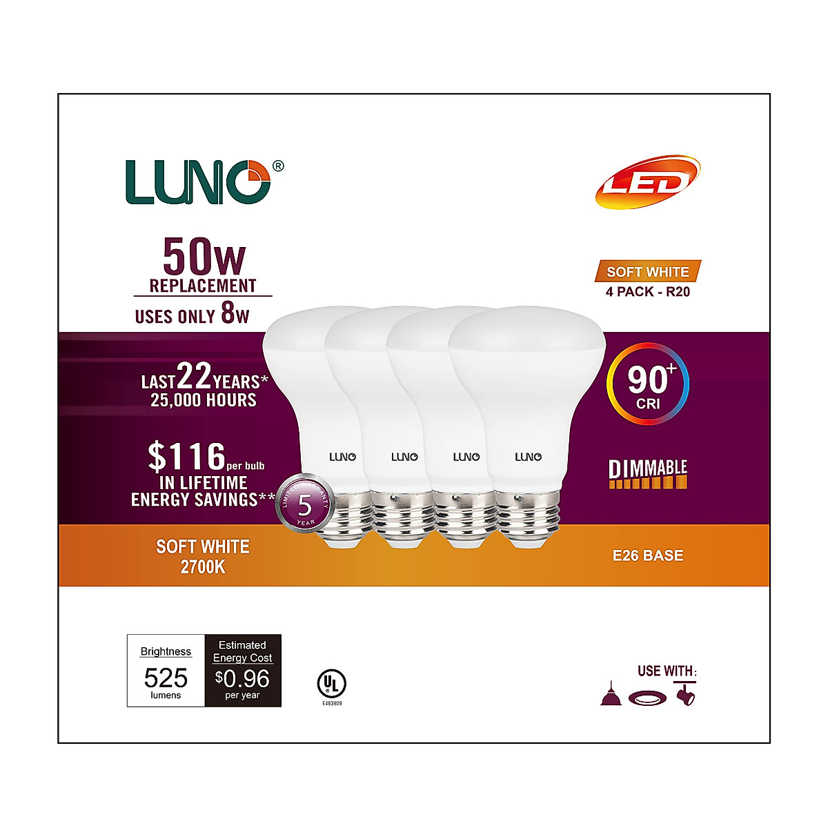 LUNO R20 Dimmable LED Bulb, CRI 90+, 8W (50W Equivalent), 525 Lumens, 2700K (Soft White), Medium Base (E26), UL & ENERGY STAR (4-Pack)