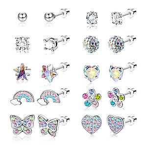 YADOCA 10 Pairs Hypoallergenic Screwback Earrings for Women girls age over 3 years old 316L Stainless Steel CZ Heart Screw Back Earring Multicolored Flower Butterfly Stud Earrings Set