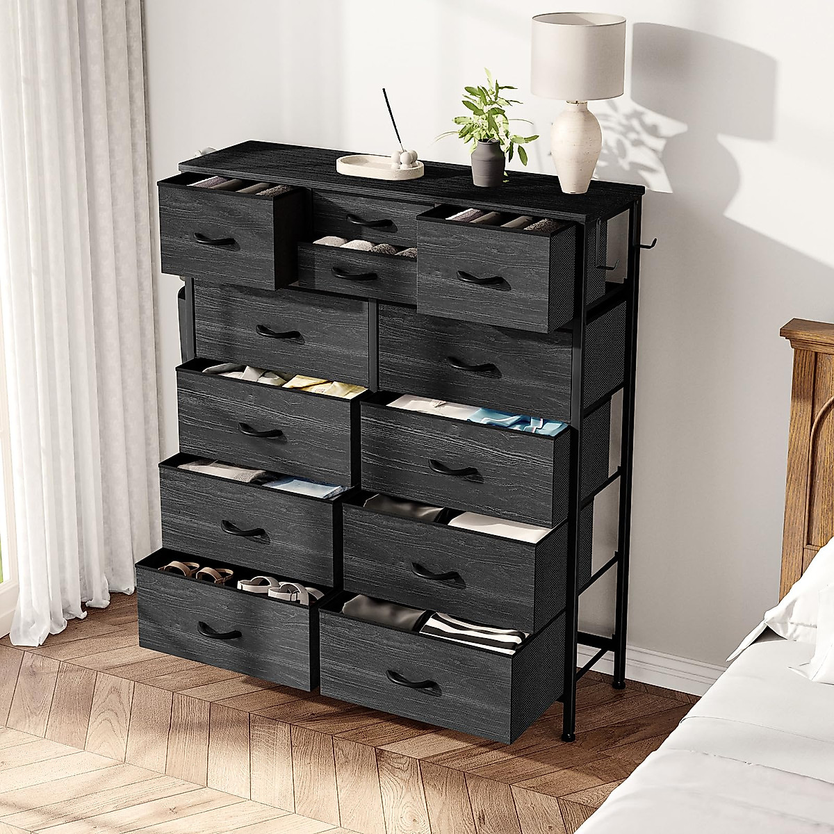 YaFiti Dresser for Bedroom with 12 Drawers, Chest of Drawers with Side Pockets and Hooks, Fabric Dresser Drawers for Living Room, Hallway, Entryway (Black Wood Grain)