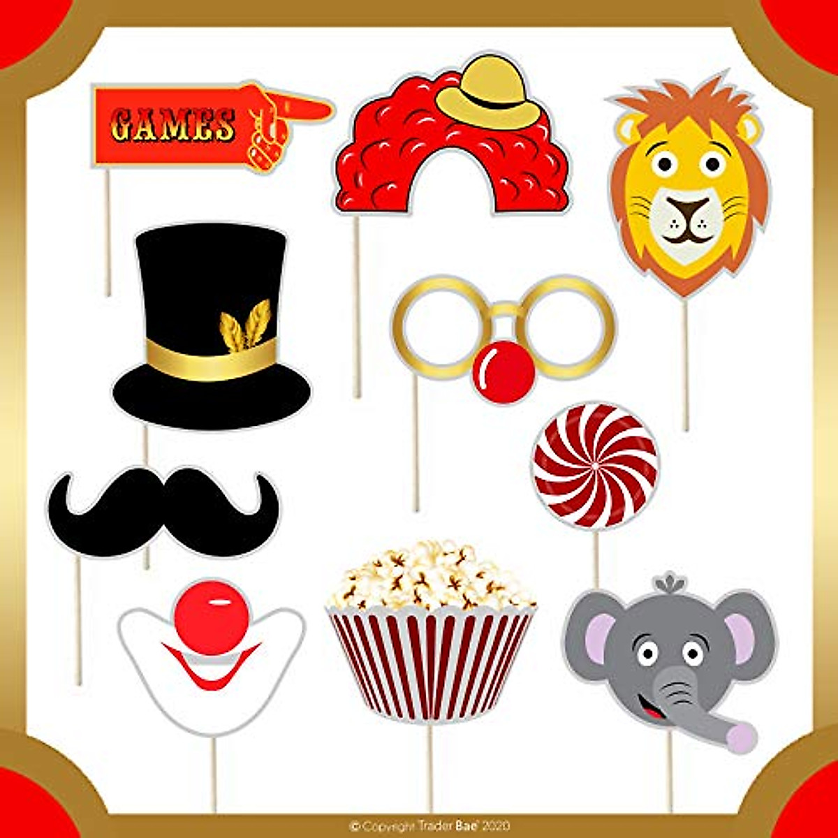 Carnival Circus Party Decorations Supplies Kit | "Welcome To The Carnival" Banner | Carnival Circus Photo Props | Red & White Striped Pennant Banner Flags | 10 White 10 Red & 10 Gold Confetti Balloons