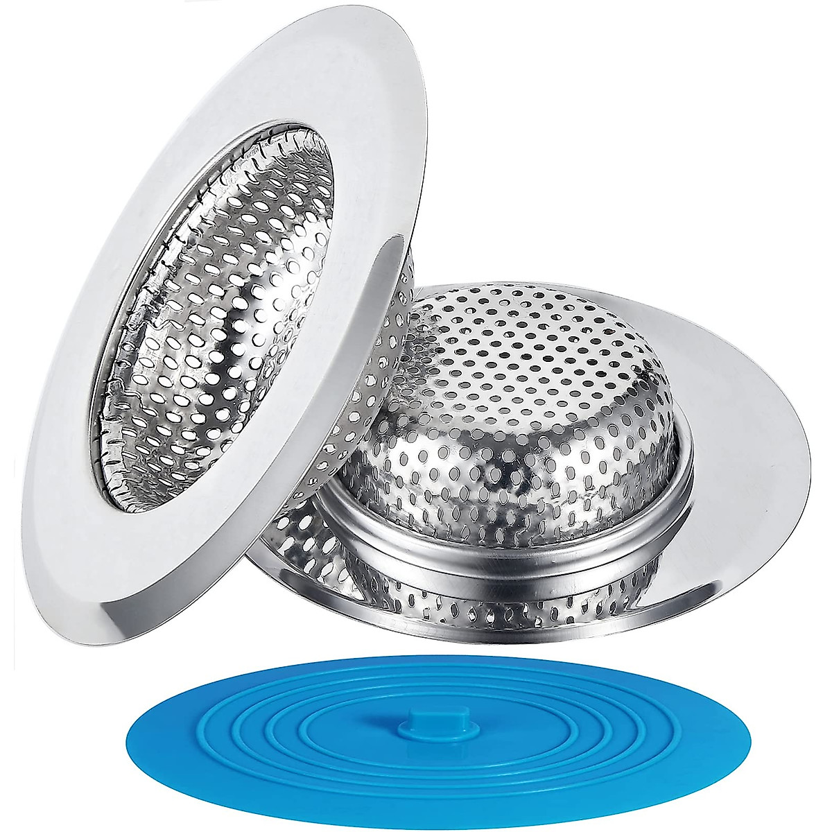 3 Pack Kitchen Sink Strainer Stopper Kit, Universal Silicone Drain Cover, Large Wide Rim 4.5" Stainless Steel Sink Drain Strainer, Food Catcher for Kitchen Sink