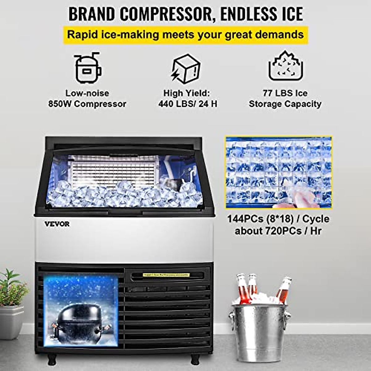 VEVOR 110V Commercial Ice Machine 440LBS/24H with 77LBS Bin, Full Cube, LED Panel, Stainless Steel, Air Cooling, ETL Approved, Professional Refrigeration Equipment, Include Scoop and Connection Hose
