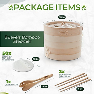 Bamboo steamer basket for cooking - Healthy food steaming with chopsticks, bamboo clip, & 50 liners -10 inch 2 levels