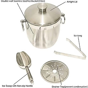 Ice Bucket Double Wall Insulated- Well Made Champagne &Wine Bucket Keeps Ice Frozen Longer - 3 Liter Stainless Steel Ice Bucket with Lid, Tongs,Scoop