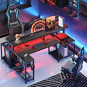 Bestier Gaming Desk with Power Outlets, 71.5 LED Computer Desk with Long Monitor Stand, Large L Shaped Corner Desk with Storage Shelf, Cup Holder Headset Hooks, Cool Desk for Gaming Room, Black