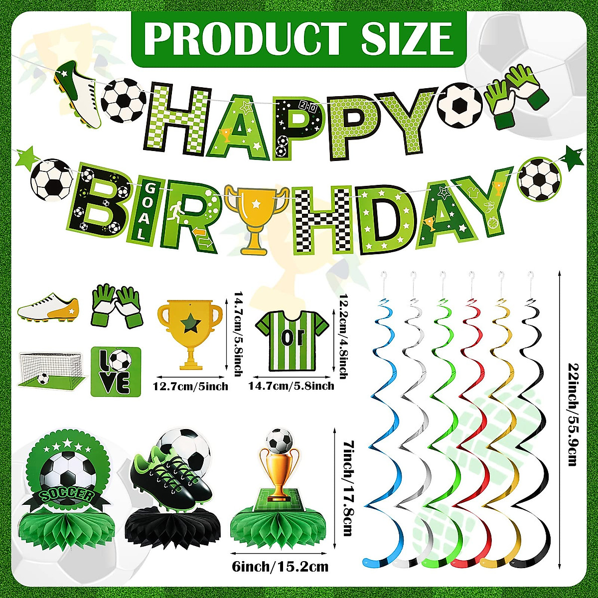 16 Pcs Soccer Birthday Party Decorations Soccer Party Supplies Include Soccer Happy Birthday Banner, Paper Cutouts, Honeycomb Centerpiece, Soccer Hanging Swirl for Boys Kids Sports Football Parties