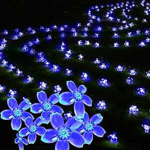 WONFAST Solar Flower Lights, Waterproof 23ft/7M 50LED Peach Blossom Flower Solar Fairy Decorative String Lights for Outdoor Garden Home Wedding Christmas Party Lighting Decorations (Blue Flower)