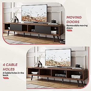 Bestier 70 inch Mid Century Modern TV Stand for 75 inch TV, Low Profile TV Stand with Storage, Entertainment Center for Living Room, Cord Management, Walnut