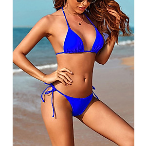 Tainehs Women's Sexy Halter Thong Bikini Tie Two Sides Bottom Triangle Bikini Swimsuits Blue