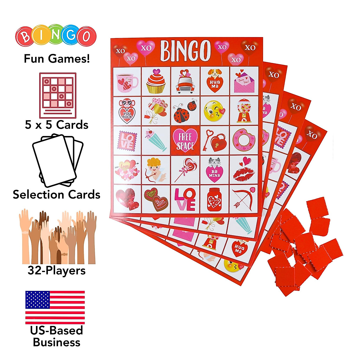 Iconikal Valentine's Day 32 Player Bingo Game Set Classroom Group Activity Fun Interactive Learning School Plus Bonus Game