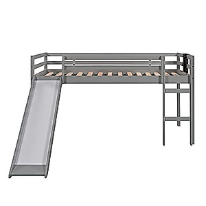 Eafurn Loft Bed with Slide, Kids Twin Loft Bed with Ladder, Low Loft Bed with Slide and Chalkboard, Solid Pine Wood Space Saving Kids Bed Frame for Boys, Girls