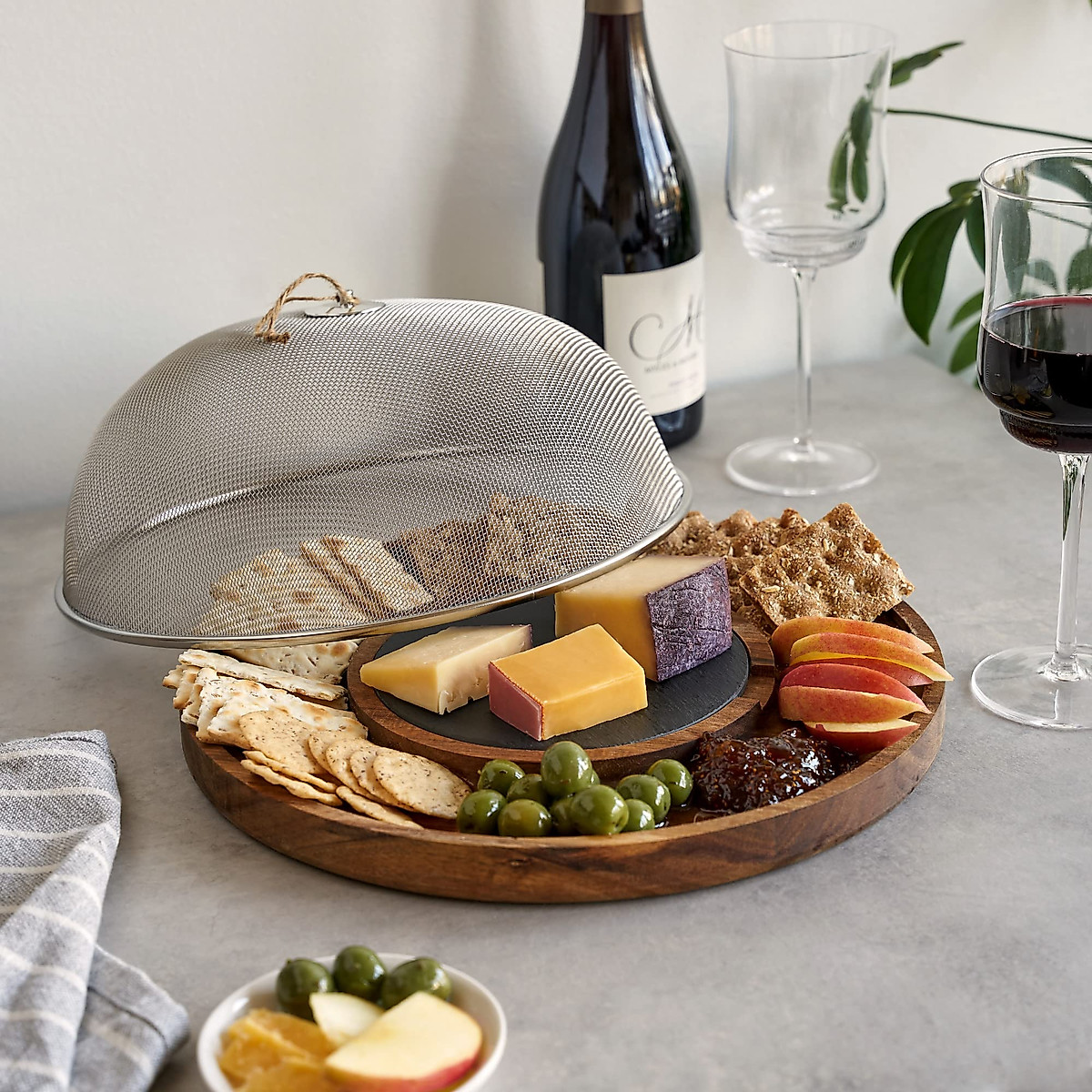 Twine Modern Manor Slate & Acacia Wooden Charcuterie Board With Dome Cover, Outdoor Entertaining Cheese Board, Snack Platter, 3-Piece Set