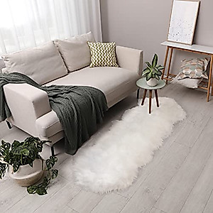 QHWLKJ Faux Sheepskin Fur Rug,White Soft Fluffy Shaggy Area Rug Ultra Soft 2 x 5.3 Feet Sheepskin Fur Rug for Bedroom Sofa Living Room Floor Kids Room