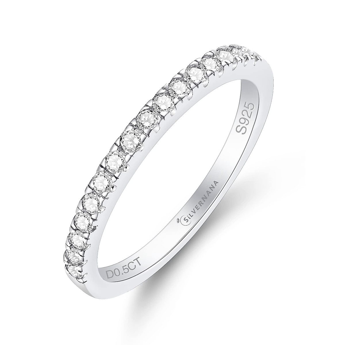 SILVERNANA Sterling Silver Moissanite Wedding Band for Women 0.5CT Moissanite Diamond Wedding Ring Half Eternity Stackable Ring Size 5