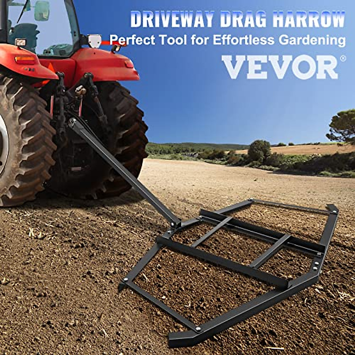 VEVOR Driveway Drag 66" Width, Tow Behind Drag Harrow 35" Length, 4" Height, Driveway Tractor Harrow with 2 Adjustable Bars, Heavy Duty Steel, Driveway Grader for ATV, UTV, Garden Lawn Tractors