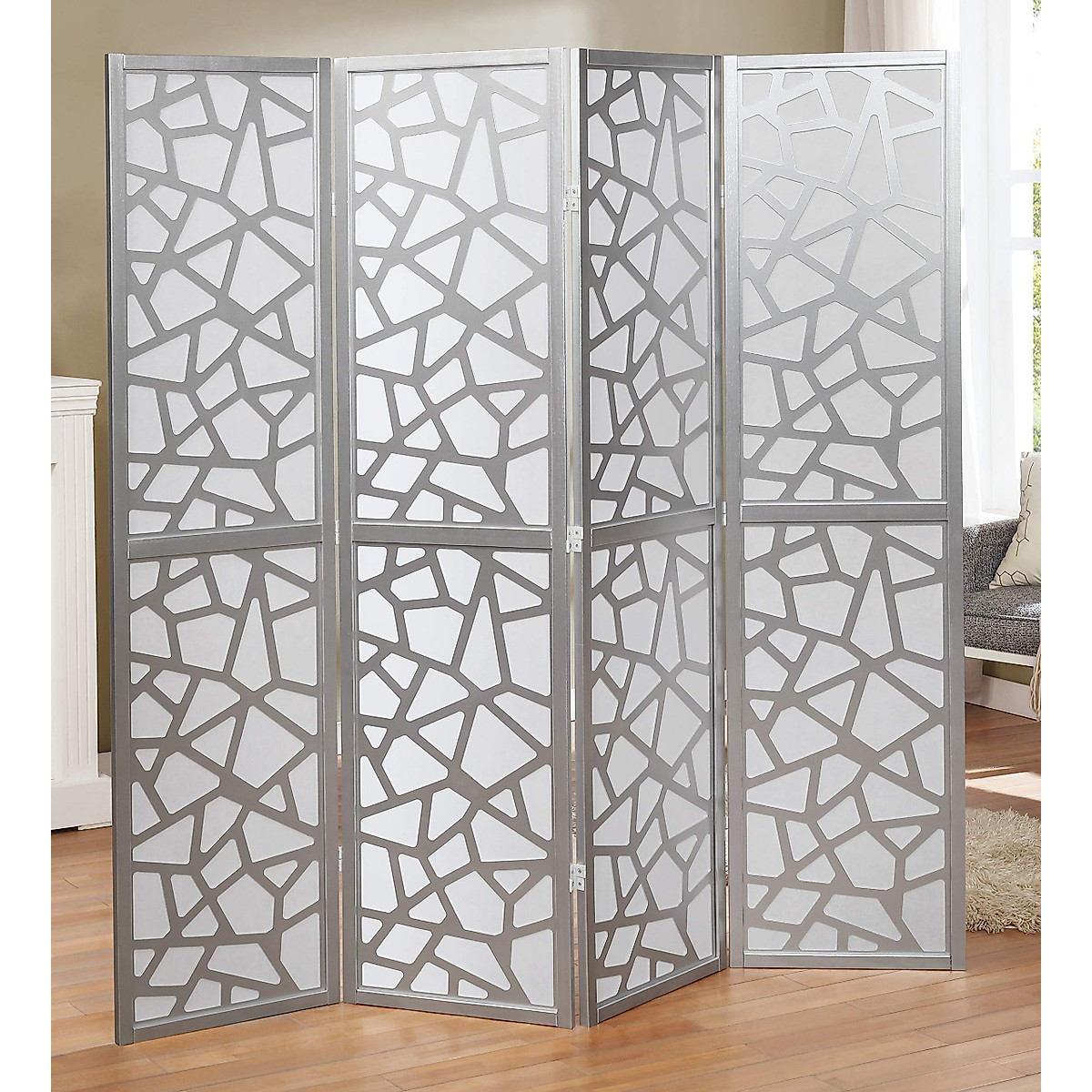 Roundhill Furniture Giyano 4 Panel Screen Room Divider, Sliver