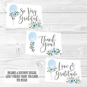24 Blue Balloon Baby Shower Thank You Cards With Envelopes, Kids Thank-You Note, 4x6 Gratitude Card Gift For Guest Pack For Party, Birthday, For Girl Children, Cute Watercolor Garden Event Stationery