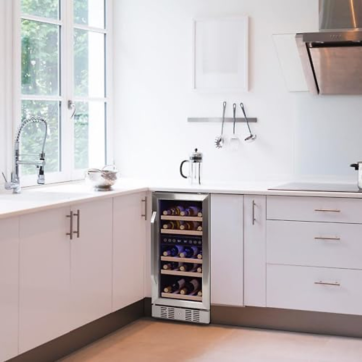 NewAir 15" Built-in or Freestanding 29 Bottle Dual Temperature Zone Wine Fridge, Quiet Operation Wine Cooler with Beech Wood Shelves, Stainless Steel Wine Cellar for Red, White, and Sparkling Wine