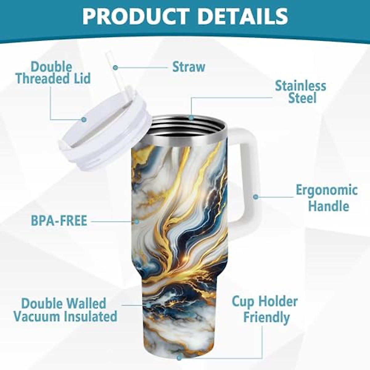 Maunzc 40 oz Tumbler with Handle and Straw, Insulated Stainless Steel Travel Mug with Lid for Coffee, Iced Tea, Water, Gift for Men Women (White Blue Gold Marble)