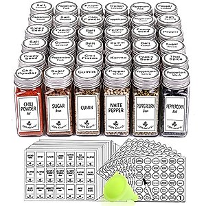 SWOMMOLY 25 Glass Spice Jars/Square Spice Bottles, 4oz Empty Spice Containers with 806 White Spice Labels, Pour/sift Shaker Lid, Airtight Cap, Chalk Marker and Funnel Complete Set