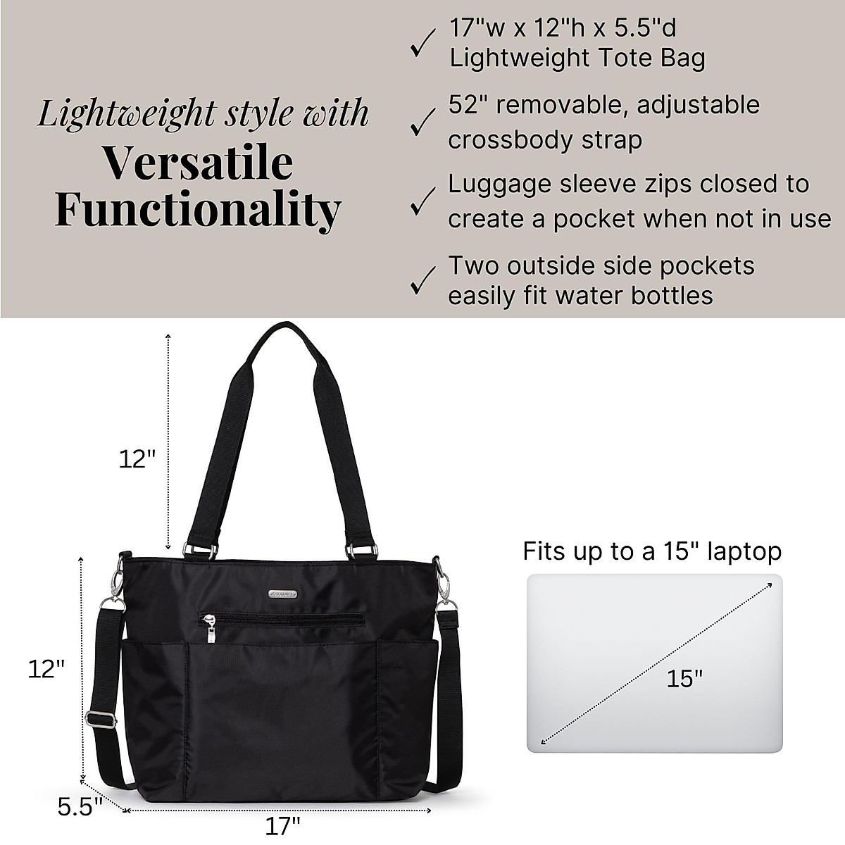 Baggallini Essential Laptop Tote - Work Tote Bag with Laptop Sleeve - Lightweight Travel Crossbody Shoulder Bag for Women, Black
