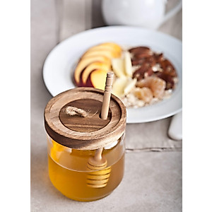 Honey Jar Pot Glass Holder Dispenser Set with Wooden Dipper Stick and Acacia Lid Cover for Home Kitchen, Clear, Modern Honey Syrup Glass Container for Storage Gift, Honey Pot and Drizzler (14 Oz)
