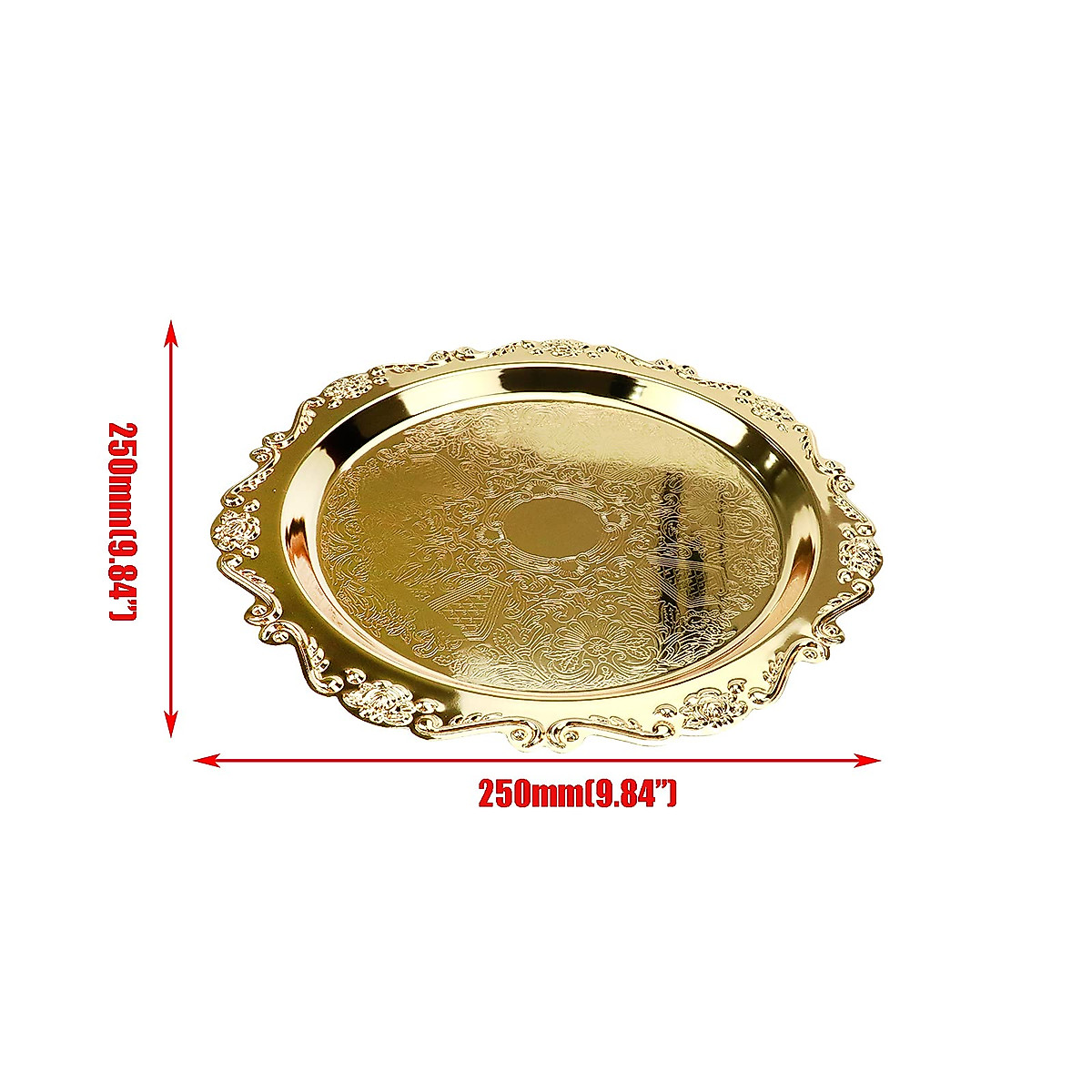 Quluxe Vintage Round Metal Food Serving Tray, 2 Pcs Reusable Decorative Appetizer Platter for Kitchen, Party, Centerpiece Display- Gold (4 Inch+10 Inch)