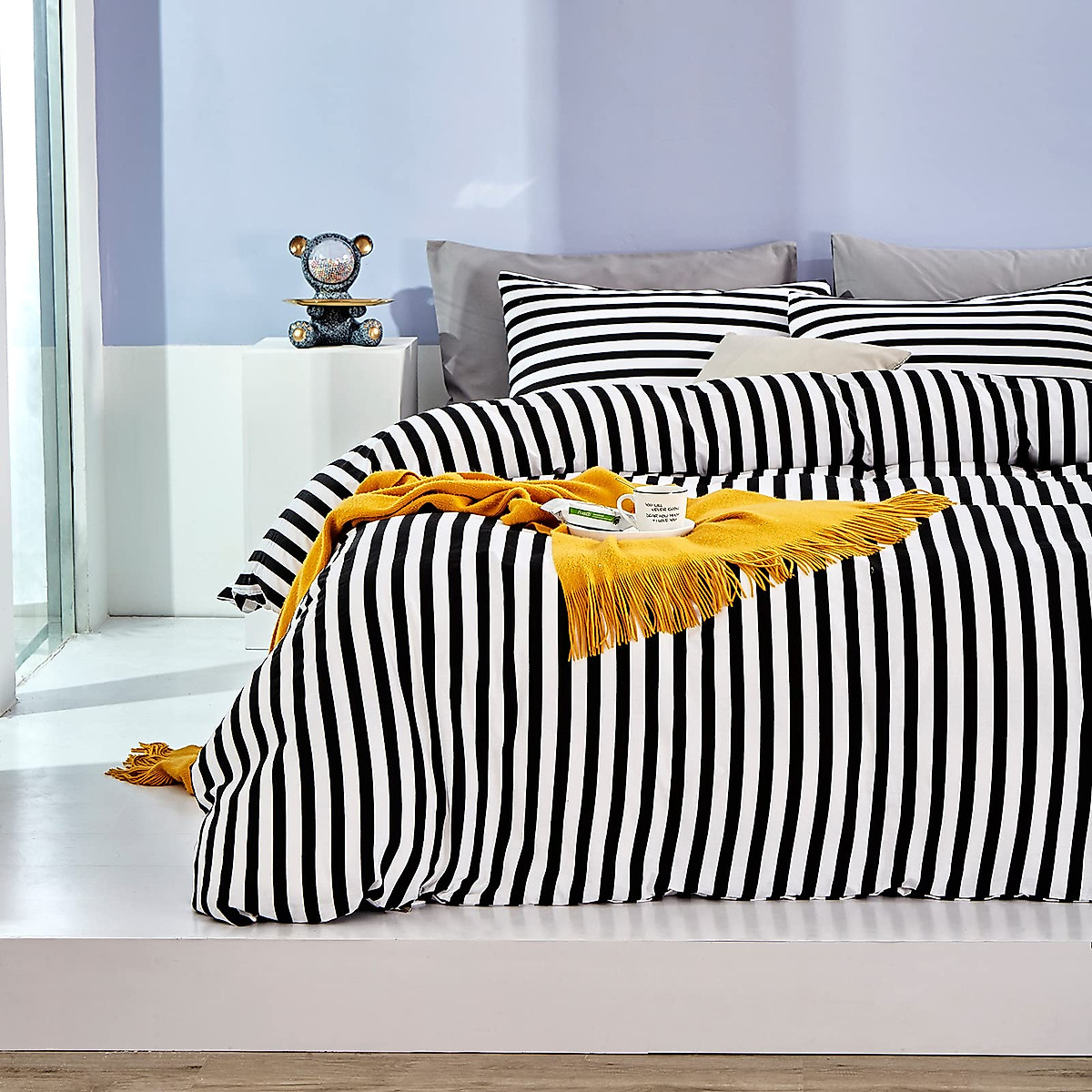 KAREVER White Black Stripes Duvet Cover Set Twin Cotton Striped Bedding Set Black White Vertical Striped Duvet Covers for Single Bed Twin White Black Striped Duvet Cover