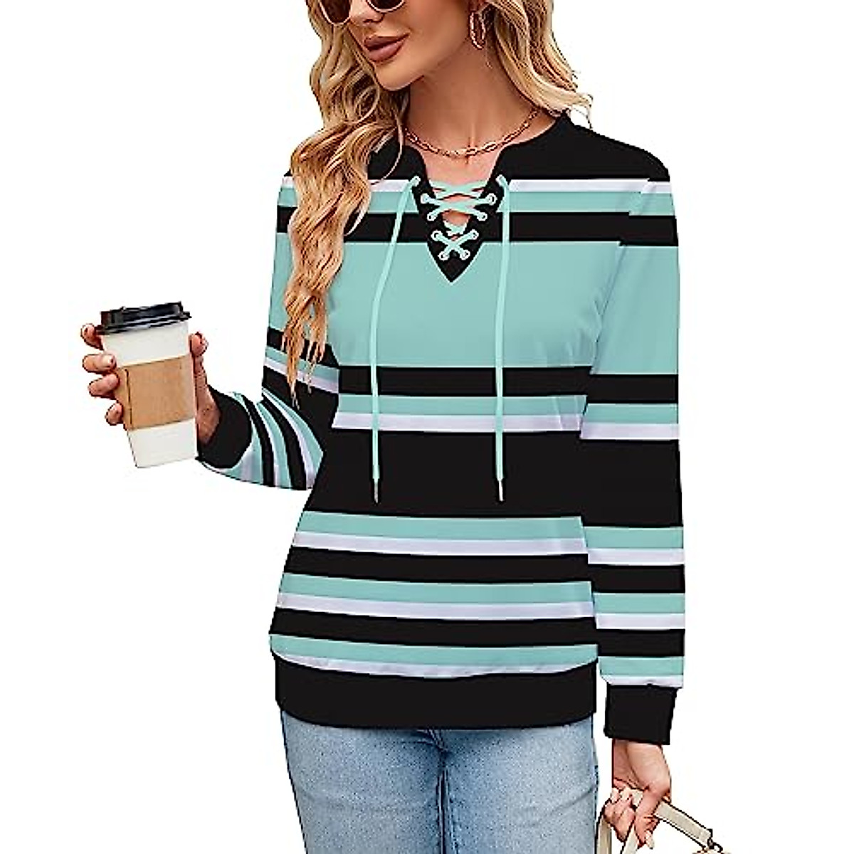 Women's Casual Sweatshirt Long Sleeve Trendy Lace Up Tops Lightweight V Neck Drawstring Pullover Tops-HBQTW-XL